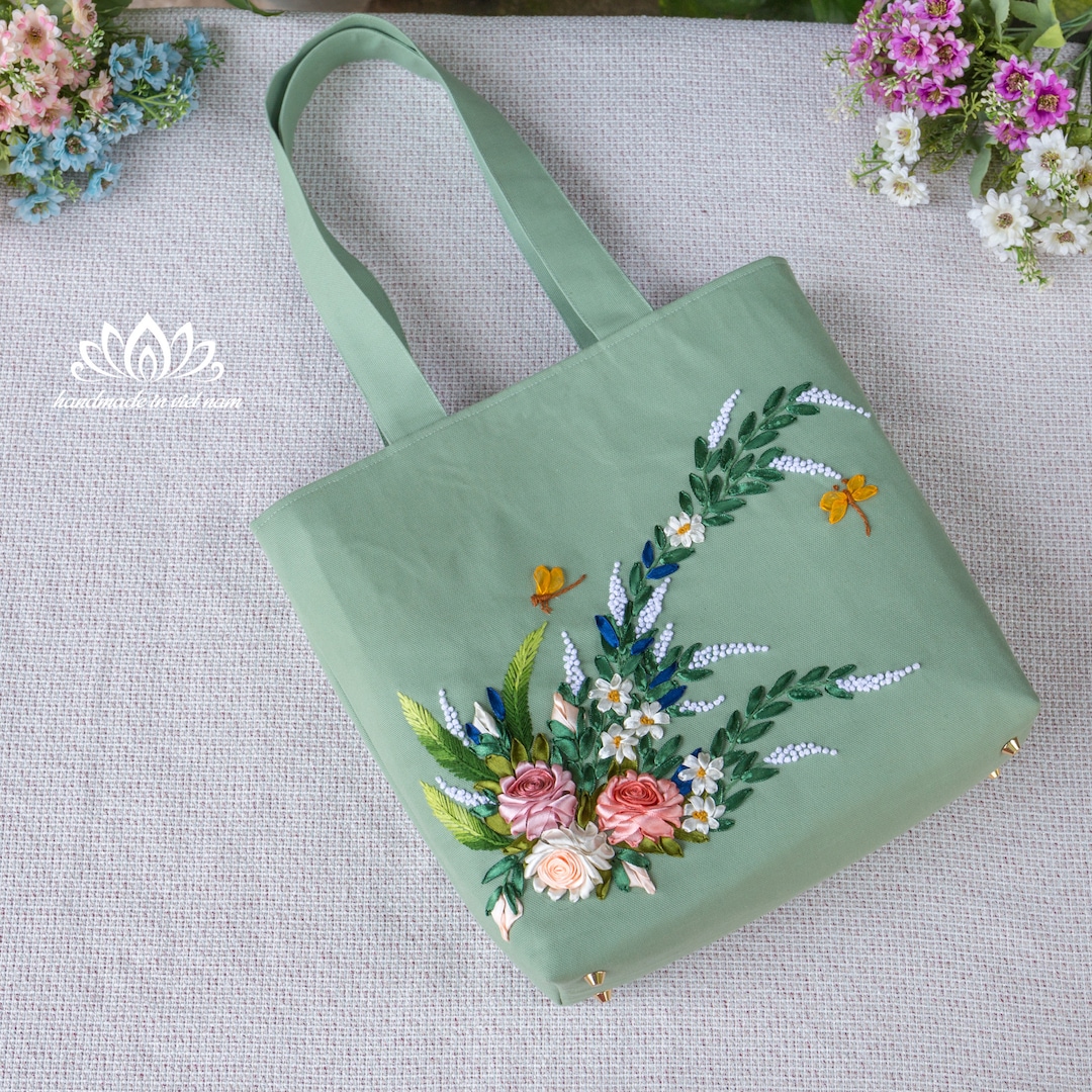 Embroidered Tote Bag, Tote Bag With Zipper, Unique Ribbon Embroidery ...