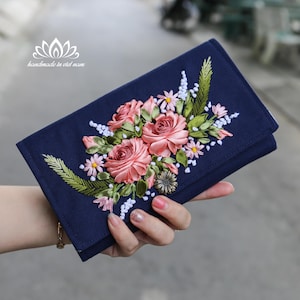 Rose Embroidery Wallet, Unique Ribbon Embroidery, Handmade Wallet - Etsy