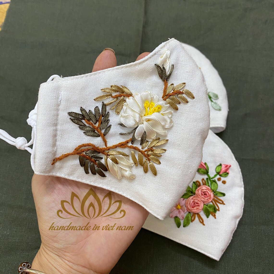 Embroidered Linen Mask Ribbon Embroidery Mask Nose Wire | Etsy