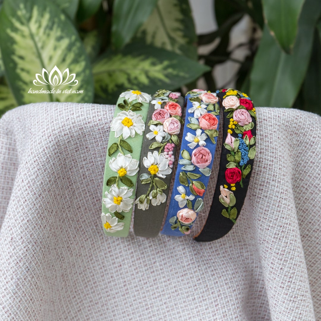Floral Embroidered Headbands, Handmade Hairband With Flowers Embroidery ...