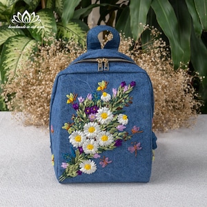 Floral Ribbon Embroidered Denim Backpack, Backpack for School, Travel ...
