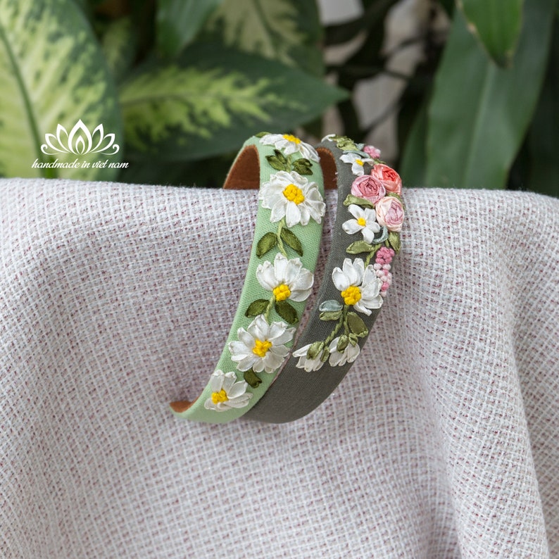 Linen Headband With Hand Ribbon Embroidery, Floral Handmade Hair ...