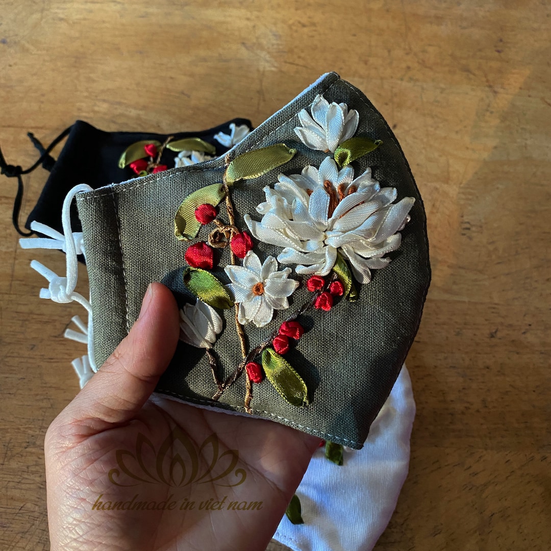 Embroidered Linen Mask With Nose Wire, Unique Gift, Ribbon Embroidery ...