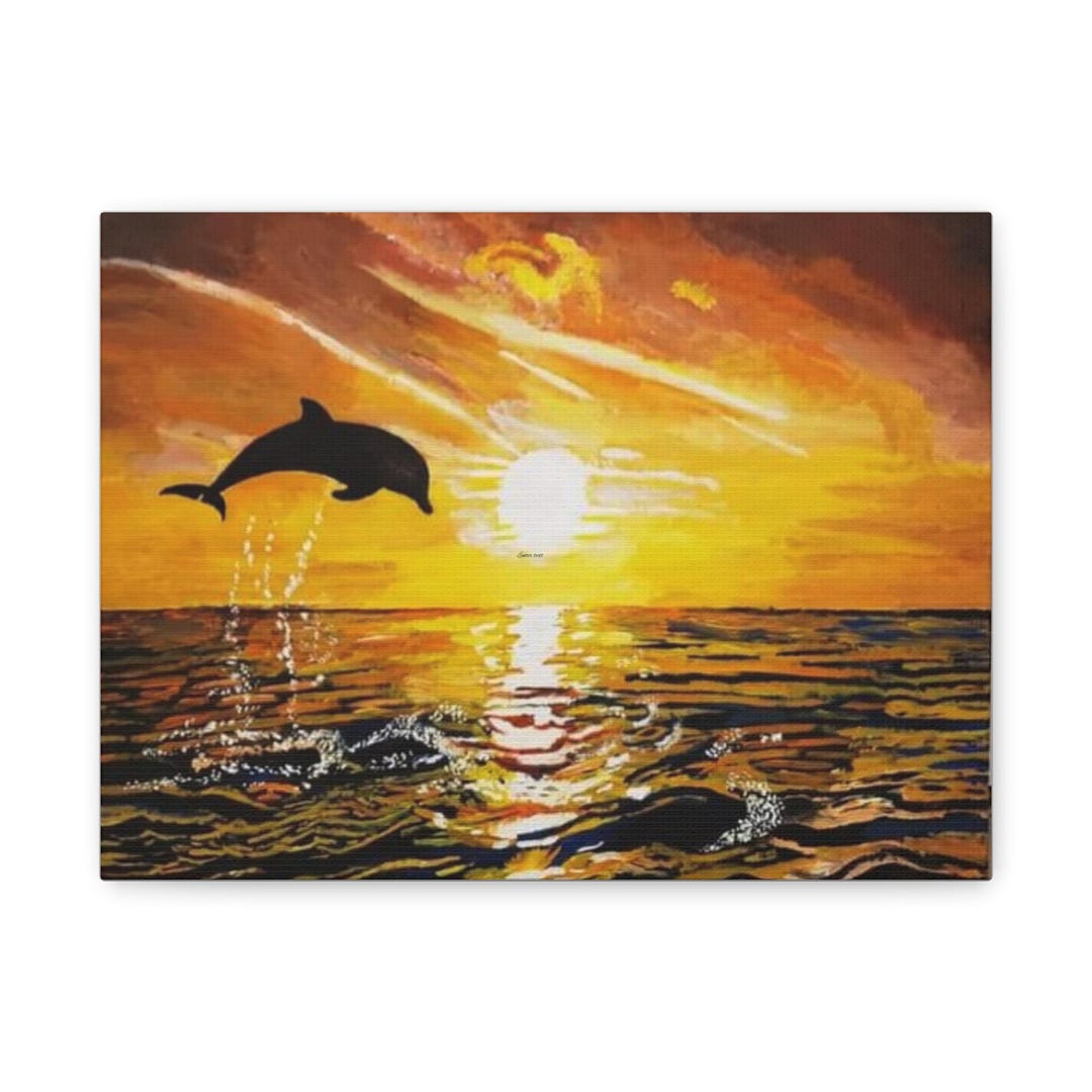 Dolphin Painting, Ocean Sunset, Matte Stretched Wall Decor, Poster ...