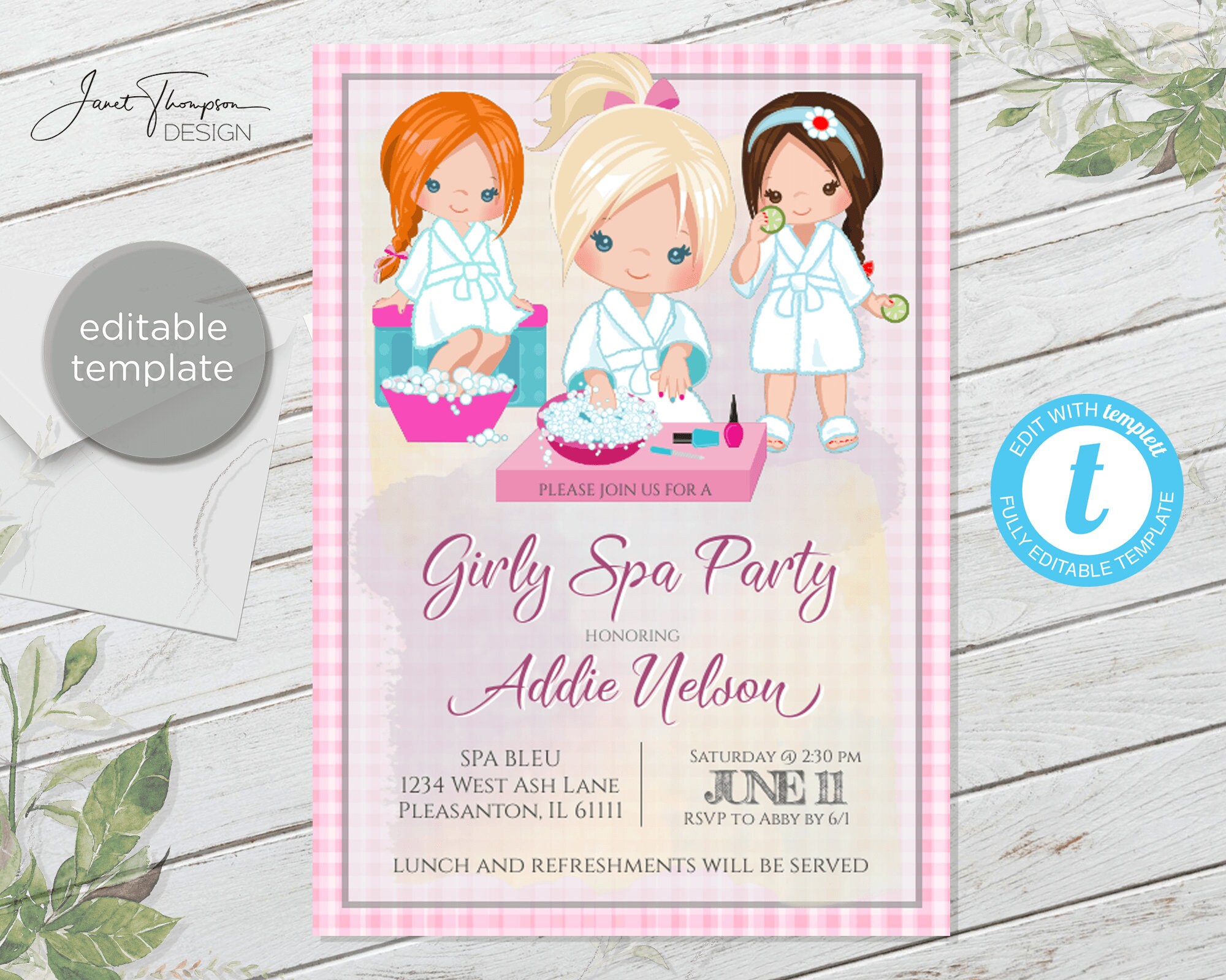 Girl Birthday Invitation, Spa Party Invitation Template, Editable ...