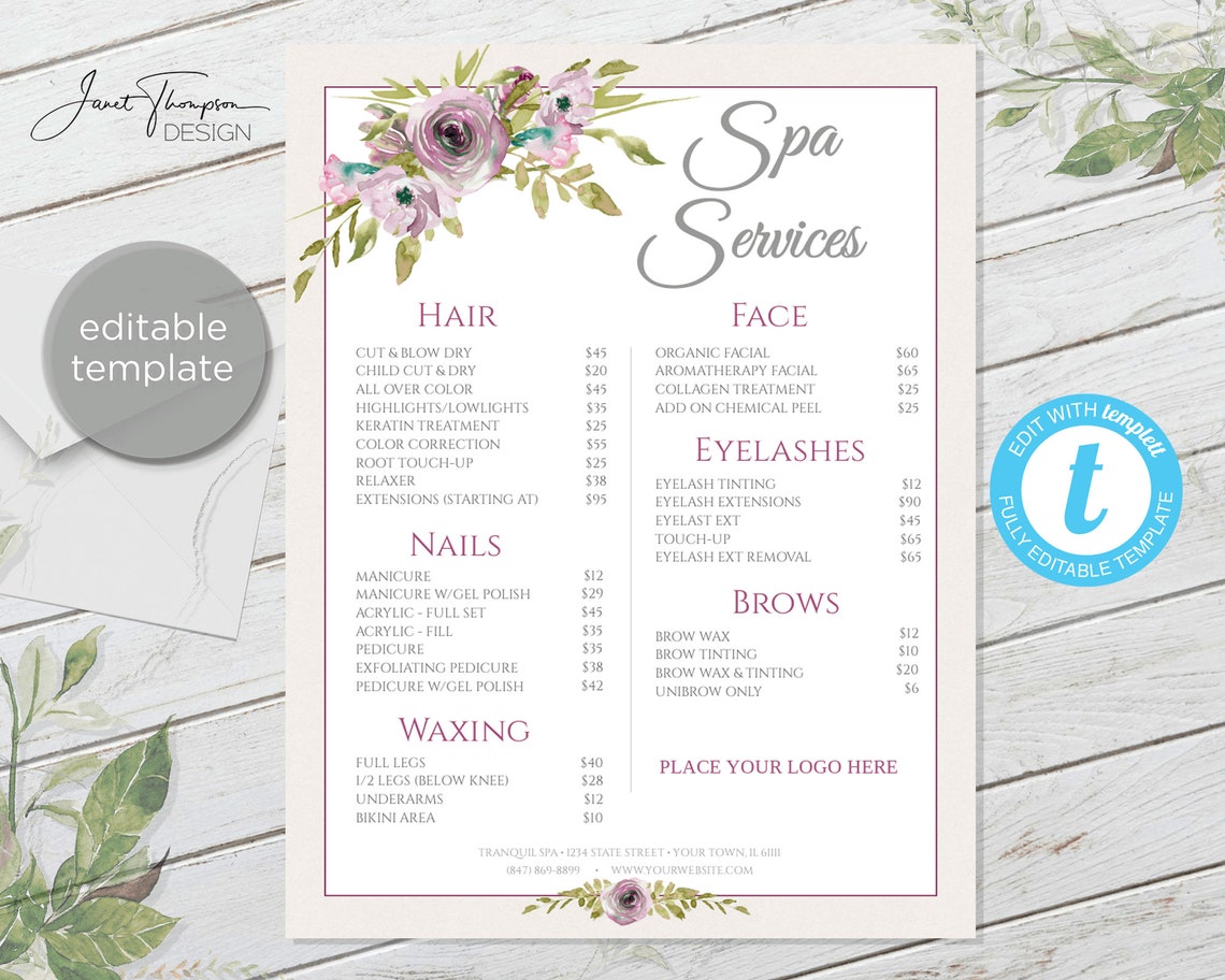 Spa Menu, Salon Menu, Custom Menu, DIY Services Price List, Nail Spa ...