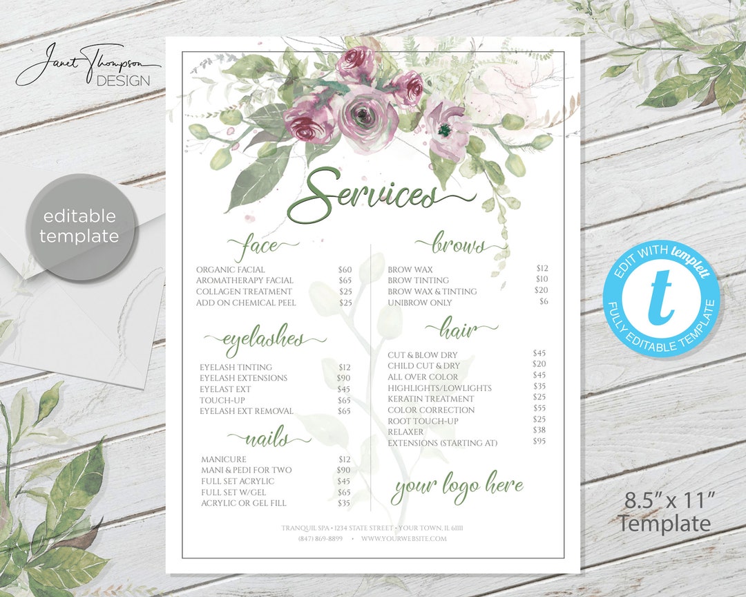 Spa Menu, Salon Menu, Custom Menu, DIY Services Price List, Nail Spa ...