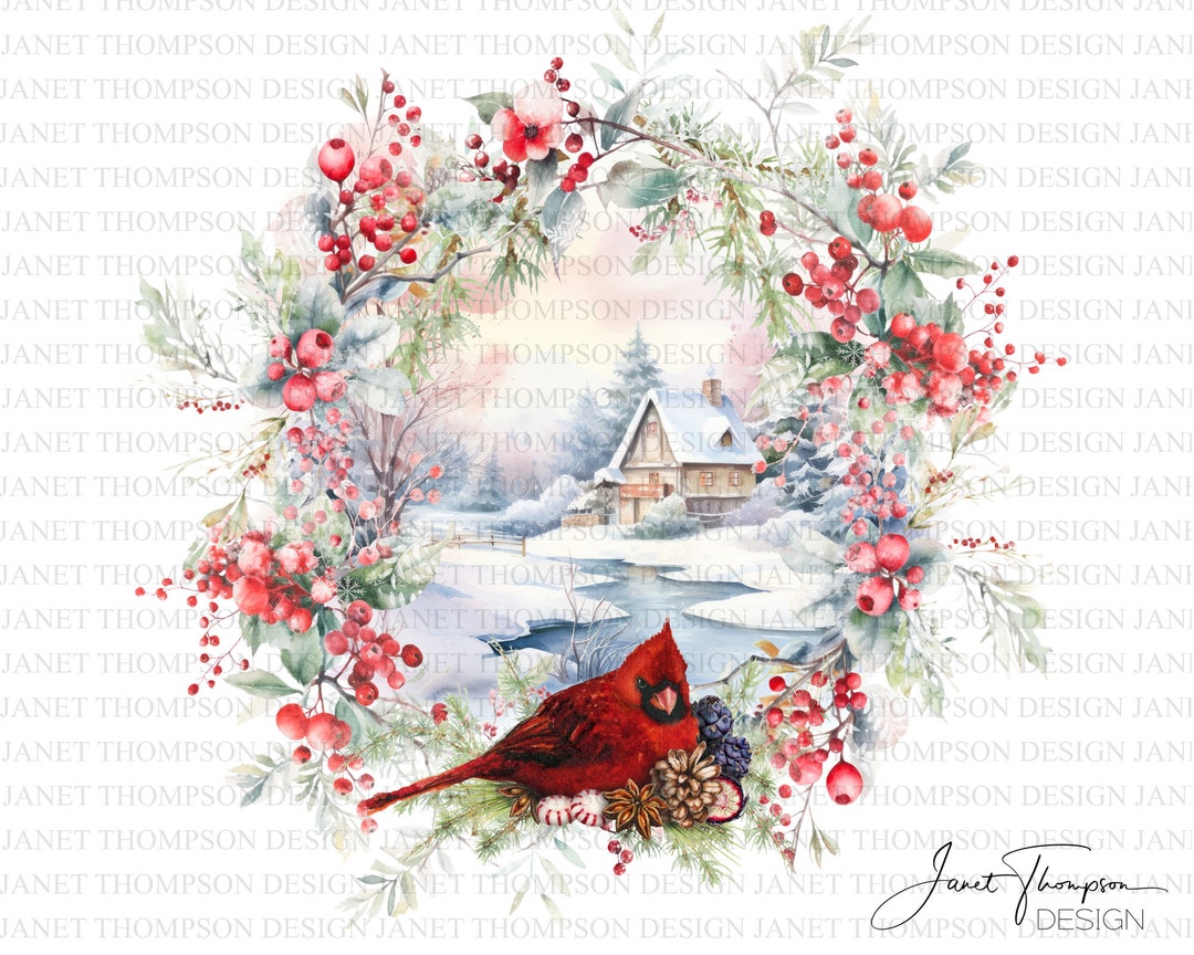 Cardinal Winter Scene, Christmas Clipart, Winter Birds, Sublimation ...
