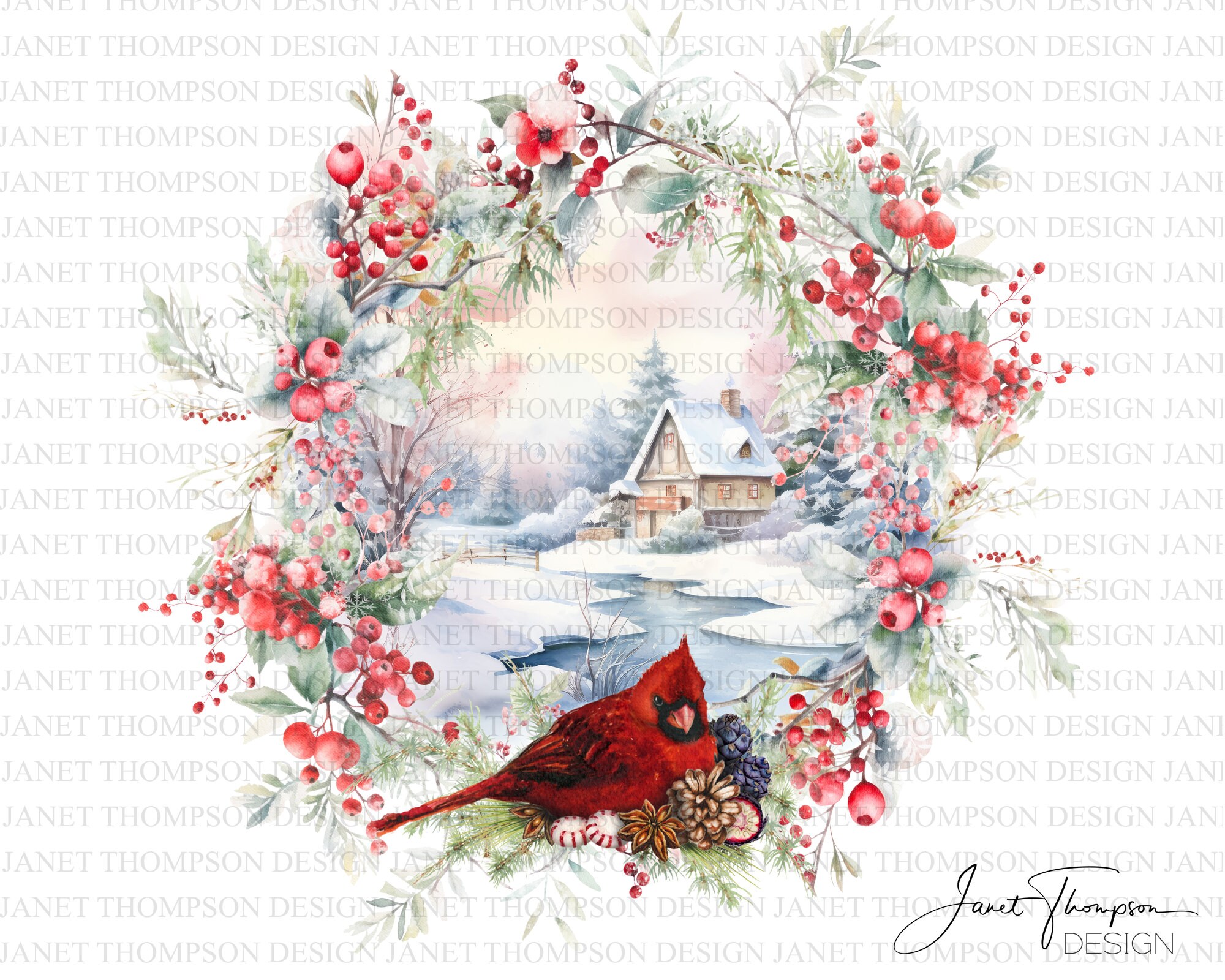 Cardinal Winter Scene, Christmas Clipart, Winter Birds, Sublimation ...