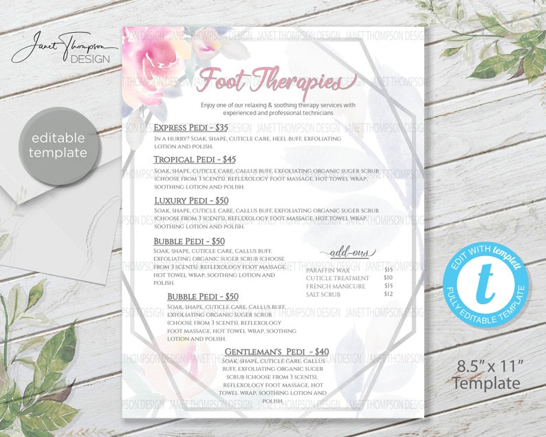 Spa Menu, Salon Menu, Custom Menu, DIY Services Price List, Nail Spa ...