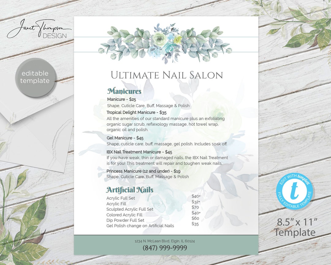 Nail Salon Menu, Salon Menu, Custom Menu, Services Price List, Nail Spa ...