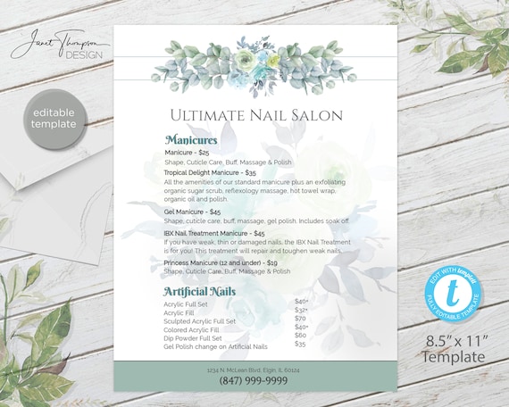 Nail Salon Menu Salon Menu Custom Menu Services Price List | Etsy