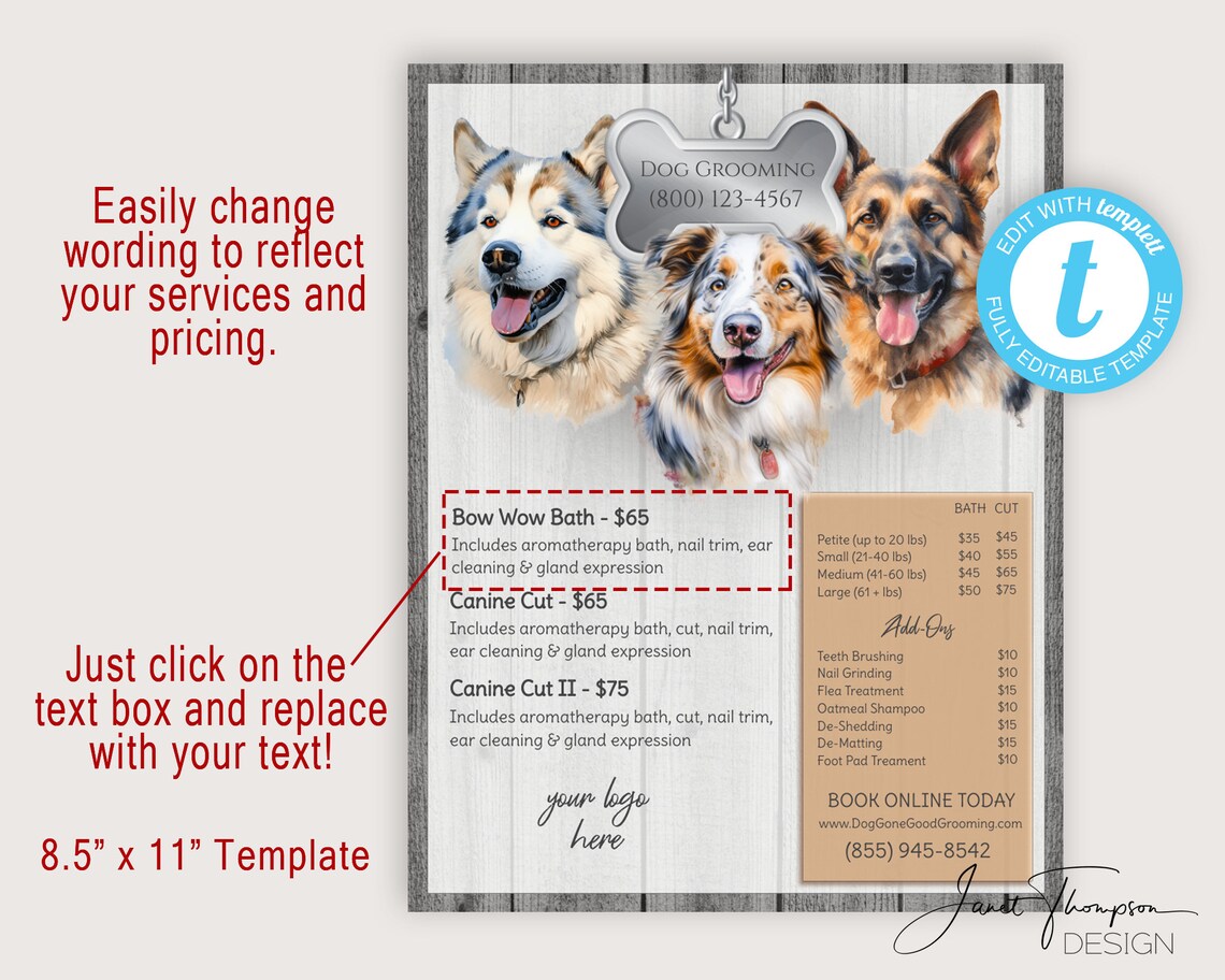 Dog Groomers Service Menu With Matching Gift Certificate, Pet Grooming ...