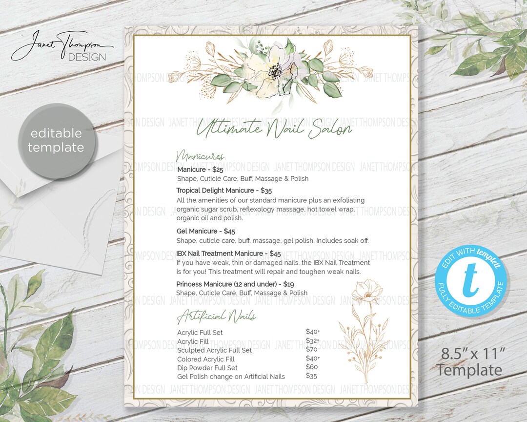 Spa Menu, Salon Menu, Custom Menu, DIY Services Price List, Nail Spa ...