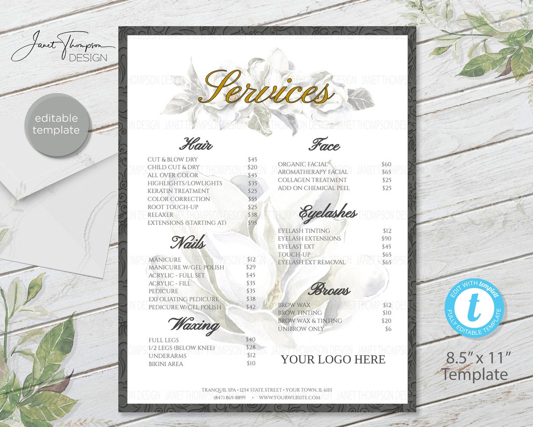 Editable Spa Service Menu Template (8.5x11 In) - Etsy
