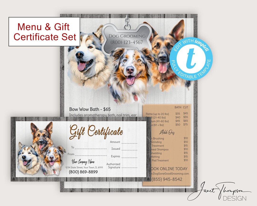 Dog Groomers Service Menu With Matching Gift Certificate, Pet Grooming ...