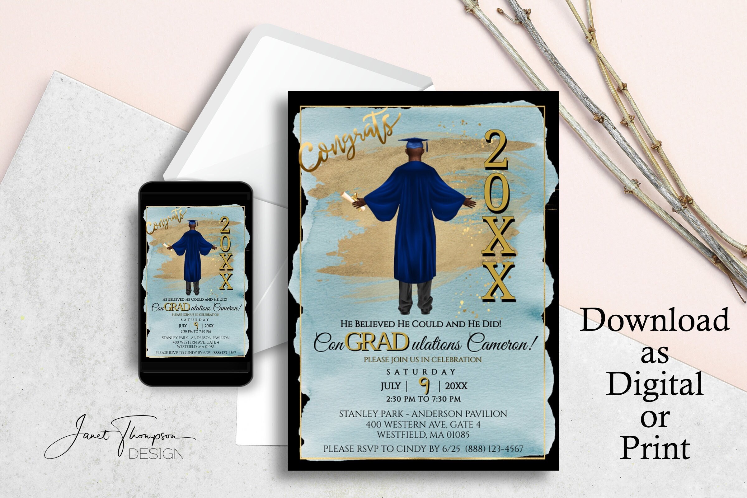 2024 African American Male Graduation Invitation: Editable Template ...