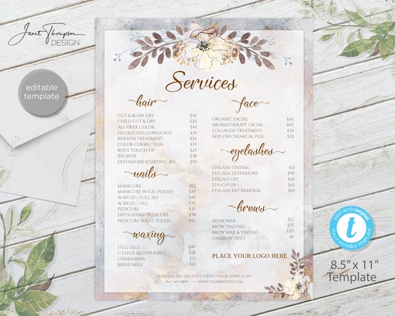 Salon Menu Spa Services Salon Menu Custom Menu DIY | Etsy