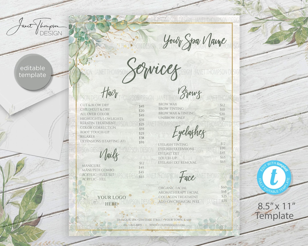 Customizable Spa Menu Template: Salon Services Price List (8.5x11) - Etsy