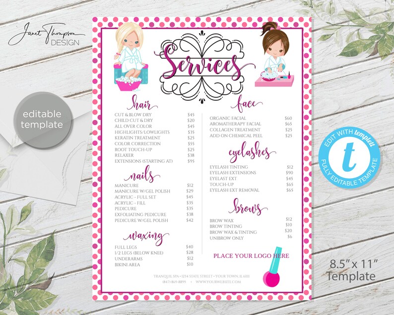 Spa Menu, Salon Menu, Custom Menu, DIY Services Price List, Nail Spa ...