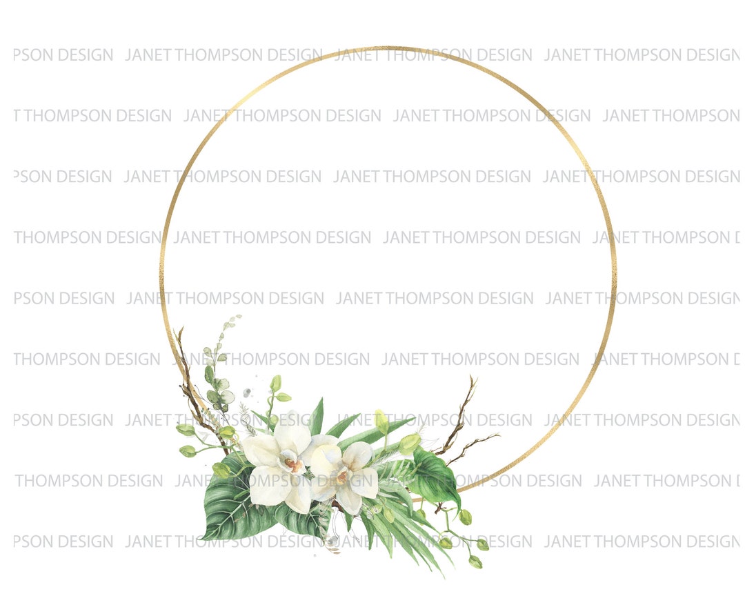 White Orchid Floral Frame, Gold Frame With Tropical Flowers, Gold Frame ...