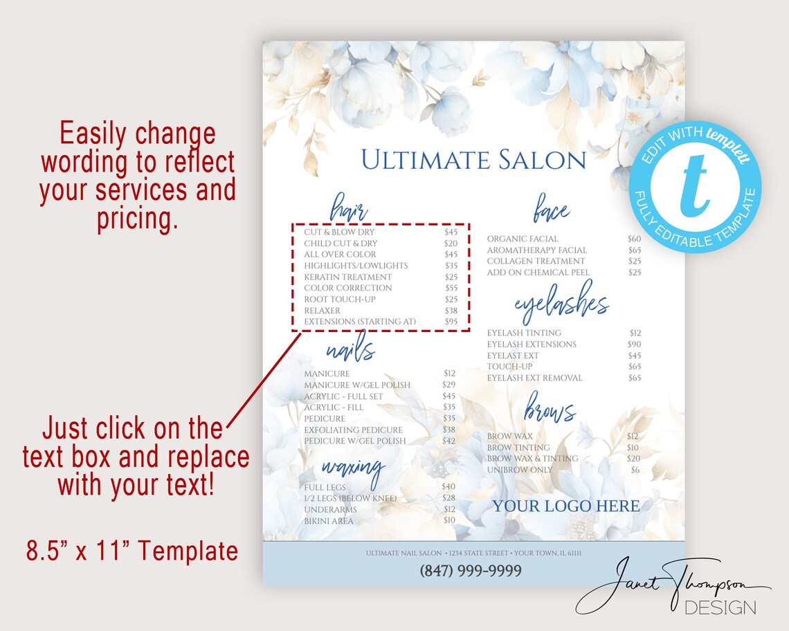 Salon Menu, Spa Menu, Custom Menu, DIY Services Price List, Nail Spa ...