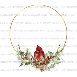 Red Cardinal in Nest, Nesting Cardinal on Gold Circle Frame, Bird ...
