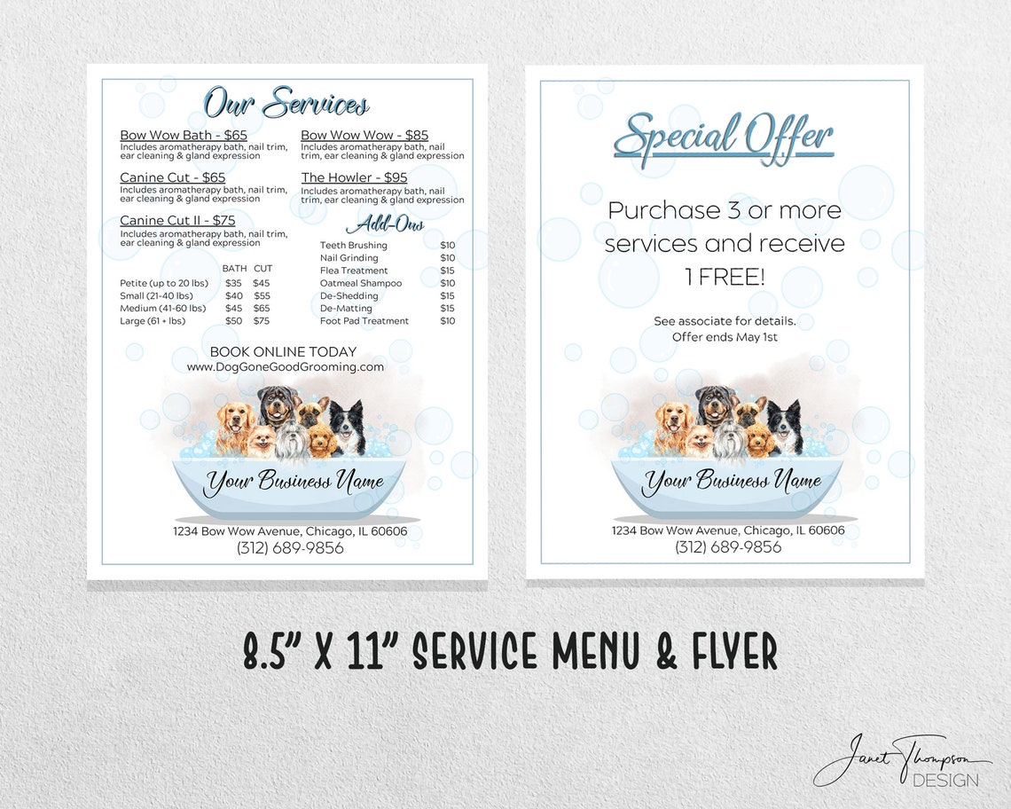 Dog Groomer Business Templates: Service Menu, Social Media (digital ...