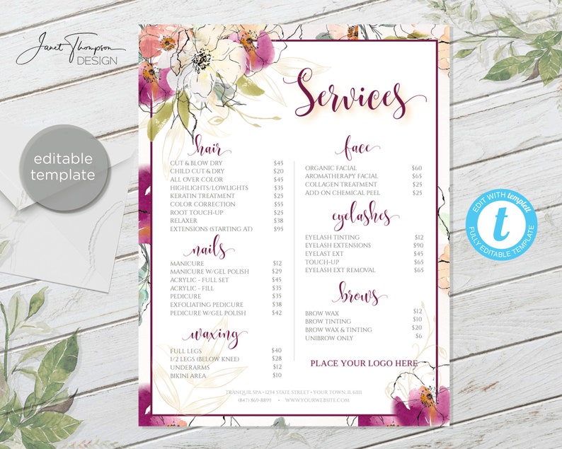 Spa Menu Salon Menu Custom Menu Diy Services Price List Etsy Salon