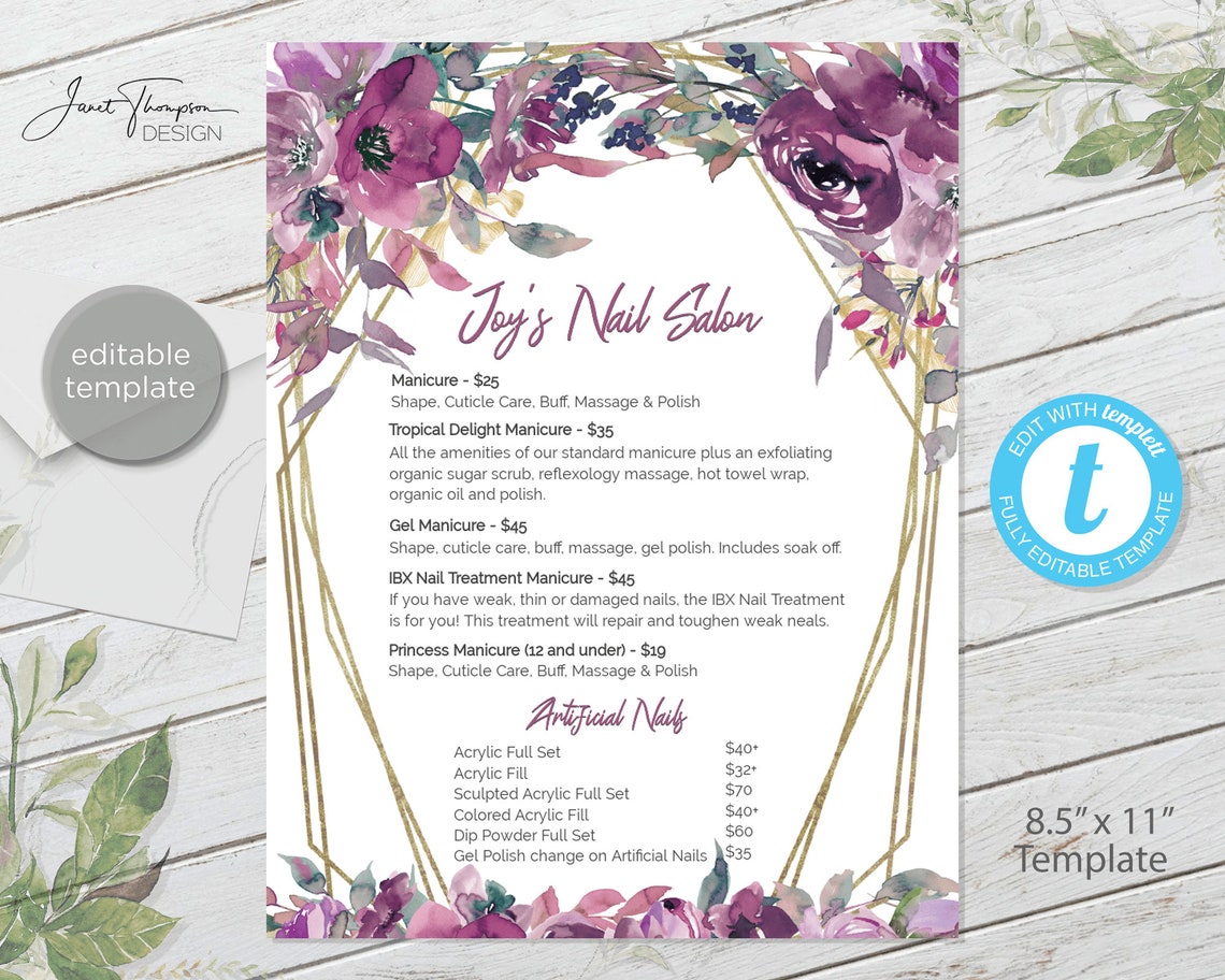 Nail Salon Menu, Salon Menu, Custom Menu, Services Price List, Nail Spa ...