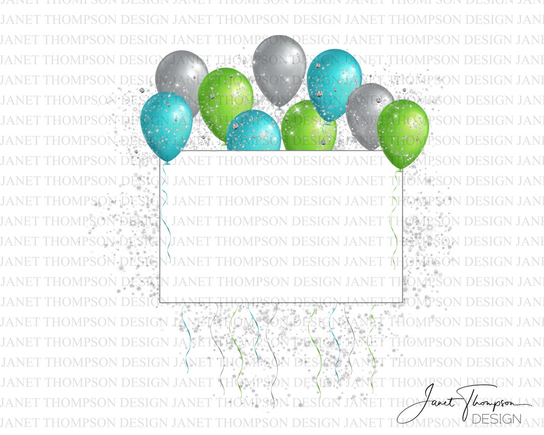 Birthday Frame, Aqua and Lime Green Birthday Balloons, Gift Tag, Party ...
