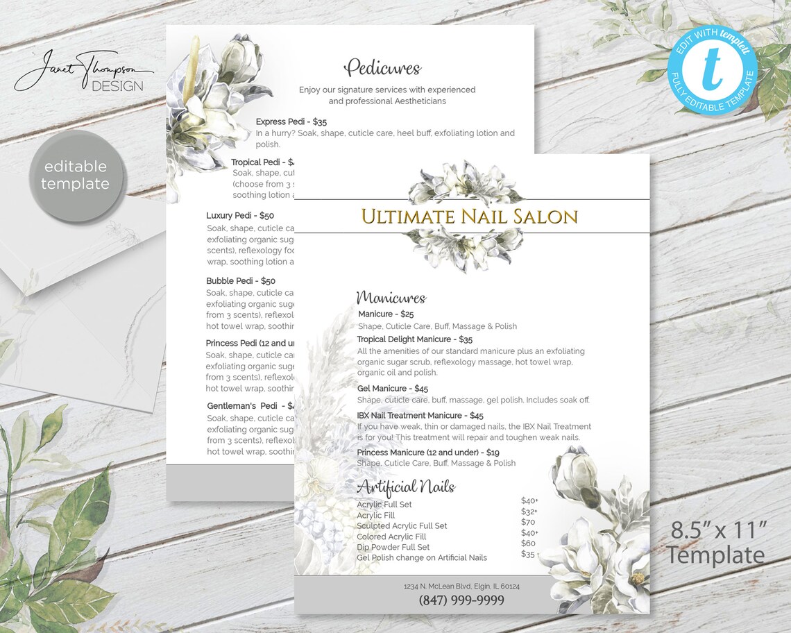 Nail Salon Menu, Salon Menu, Custom Menu, Services Price List, Nail Spa ...