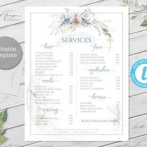Spa Menu, Salon Menu, Custom Menu, DIY Services Price List, Nail Spa ...