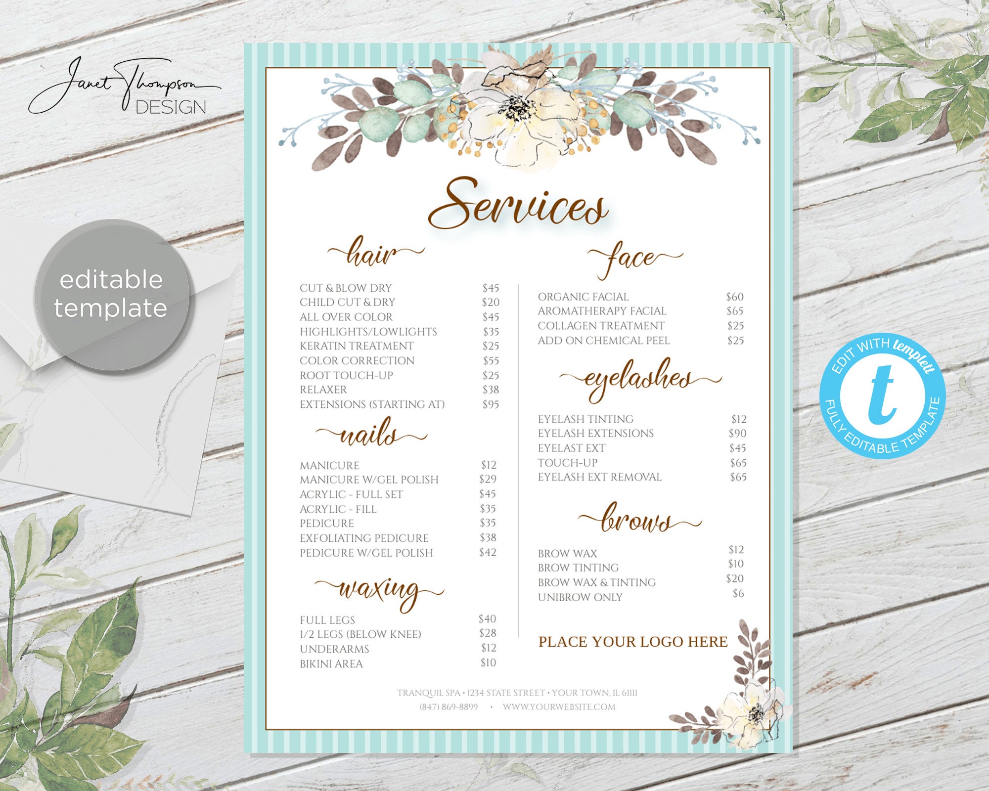Spa Menu Salon Menu Custom Menu DIY Services Price List 