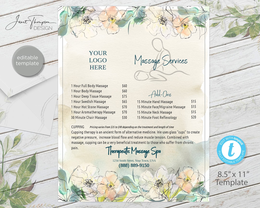 Massage Service Menu, Salon Menu, Custom Menu, DIY Services Price List ...