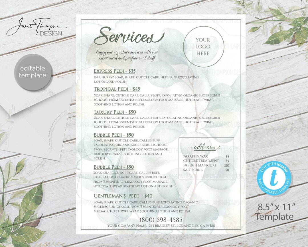 Spa Menu, Salon Menu, Custom Menu, DIY Services Price List, Nail Spa ...