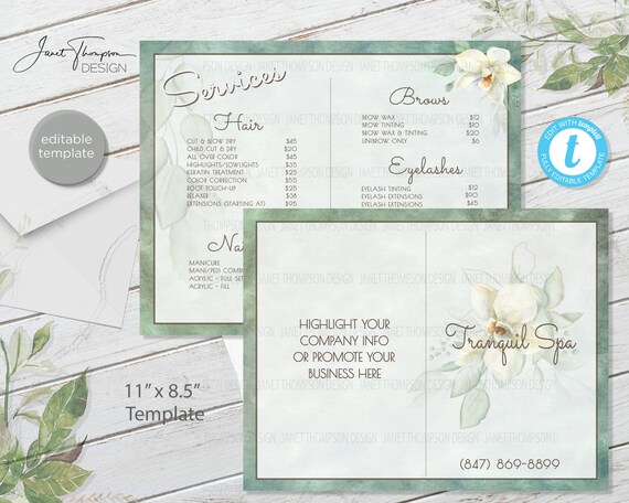 Spa Menu Salon Menu Custom Menu DIY Services Price List | Etsy