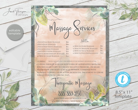 Massage Service Menu Salon Menu Custom Menu DIY Services - Etsy