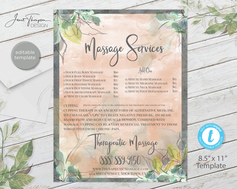 Massage Service Menu, Salon Menu, Custom Menu, DIY Services Price List ...