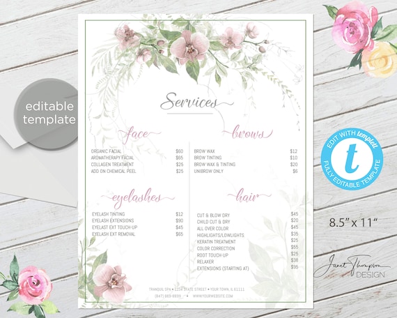 Spa Menu Salon Menu Custom Menu DIY Services Price List | Etsy