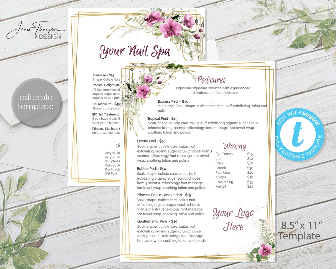 Nail Salon Menu, Salon Menu, Custom Menu, Services Price List, Nail Spa ...