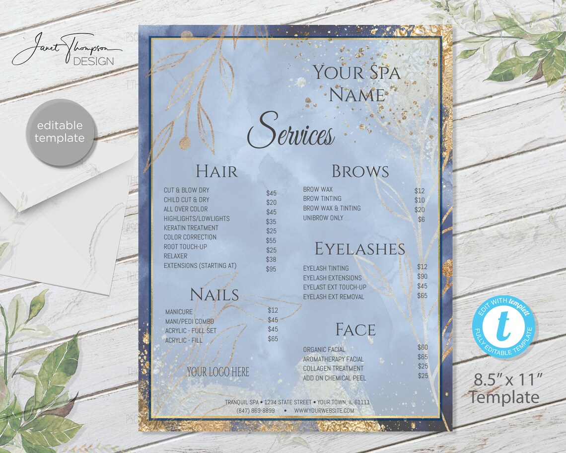 Spa Menu, Salon Menu, Custom Menu, DIY Services Price List, Nail Spa ...