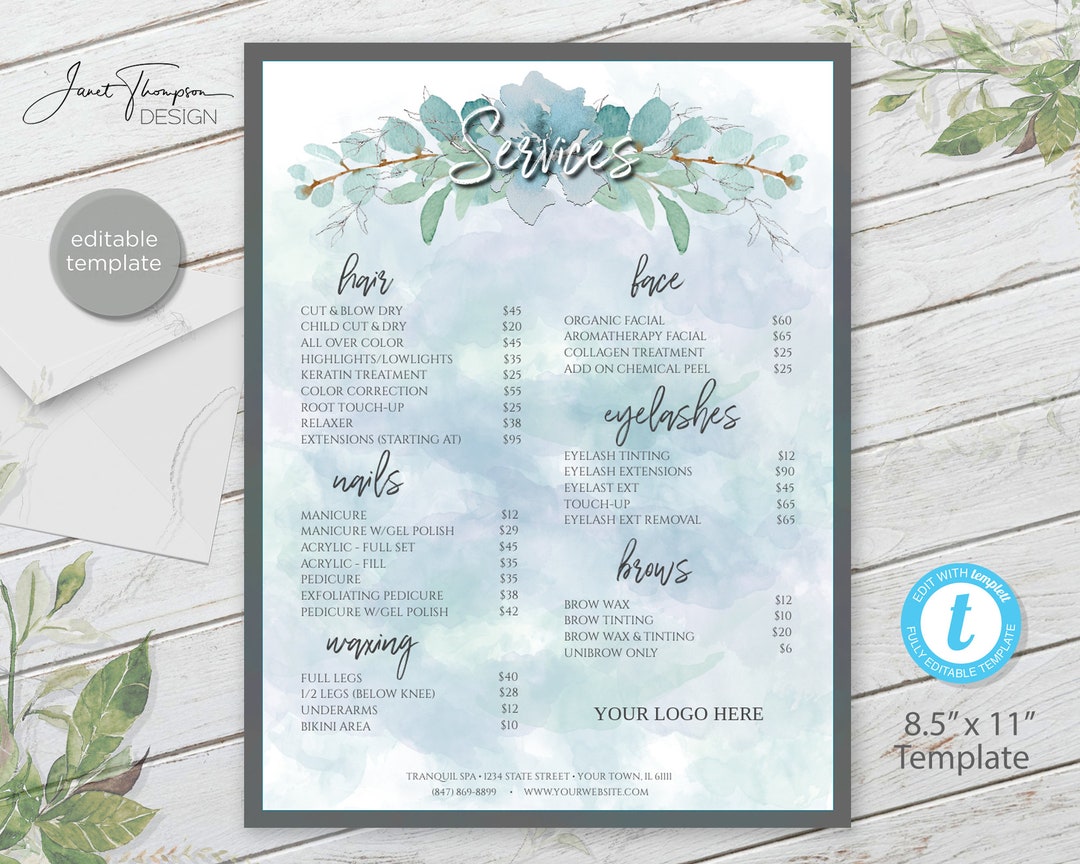 Spa Menu, Salon Menu, Custom Menu, DIY Services Price List, Nail Spa ...