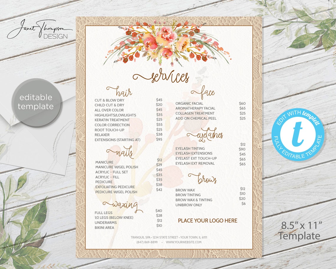 Spa Menu Salon Menu Custom Menu Diy Services Price List Etsy