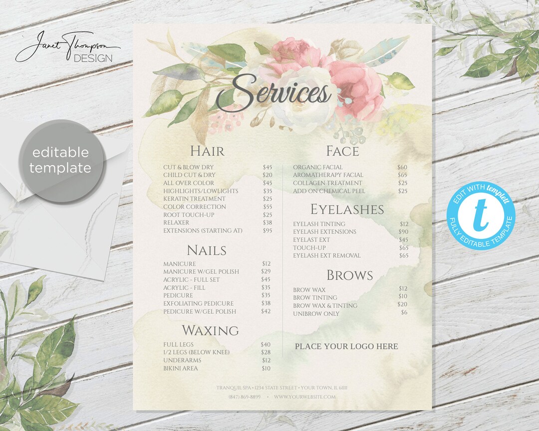 Spa Menu, Salon Menu, Custom Menu, DIY Services Price List, Nail Spa ...