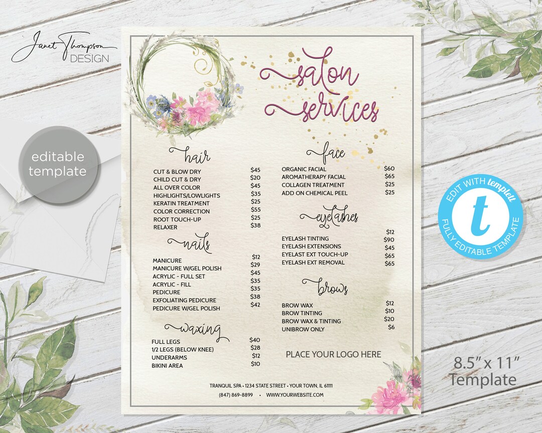 Spa Menu, Salon Menu, Custom Menu, DIY Services Price List, Nail Spa ...