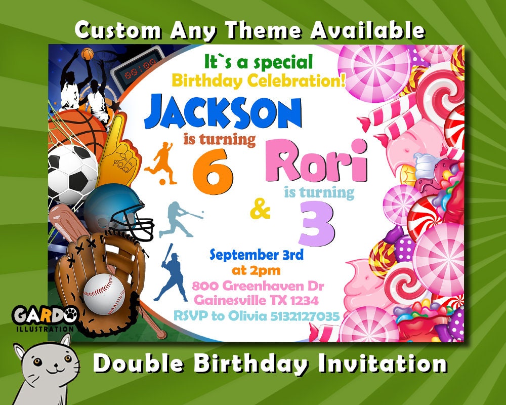 Three Different Themes,double Invitation,sibling Birthday Invitation ...