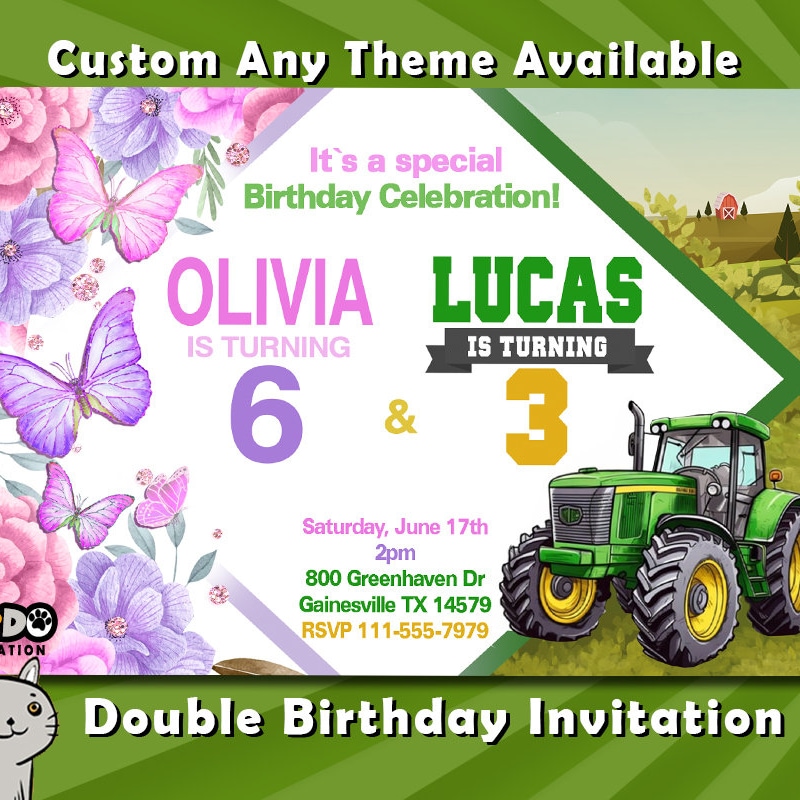 Twin Tractor Party Invite - Etsy