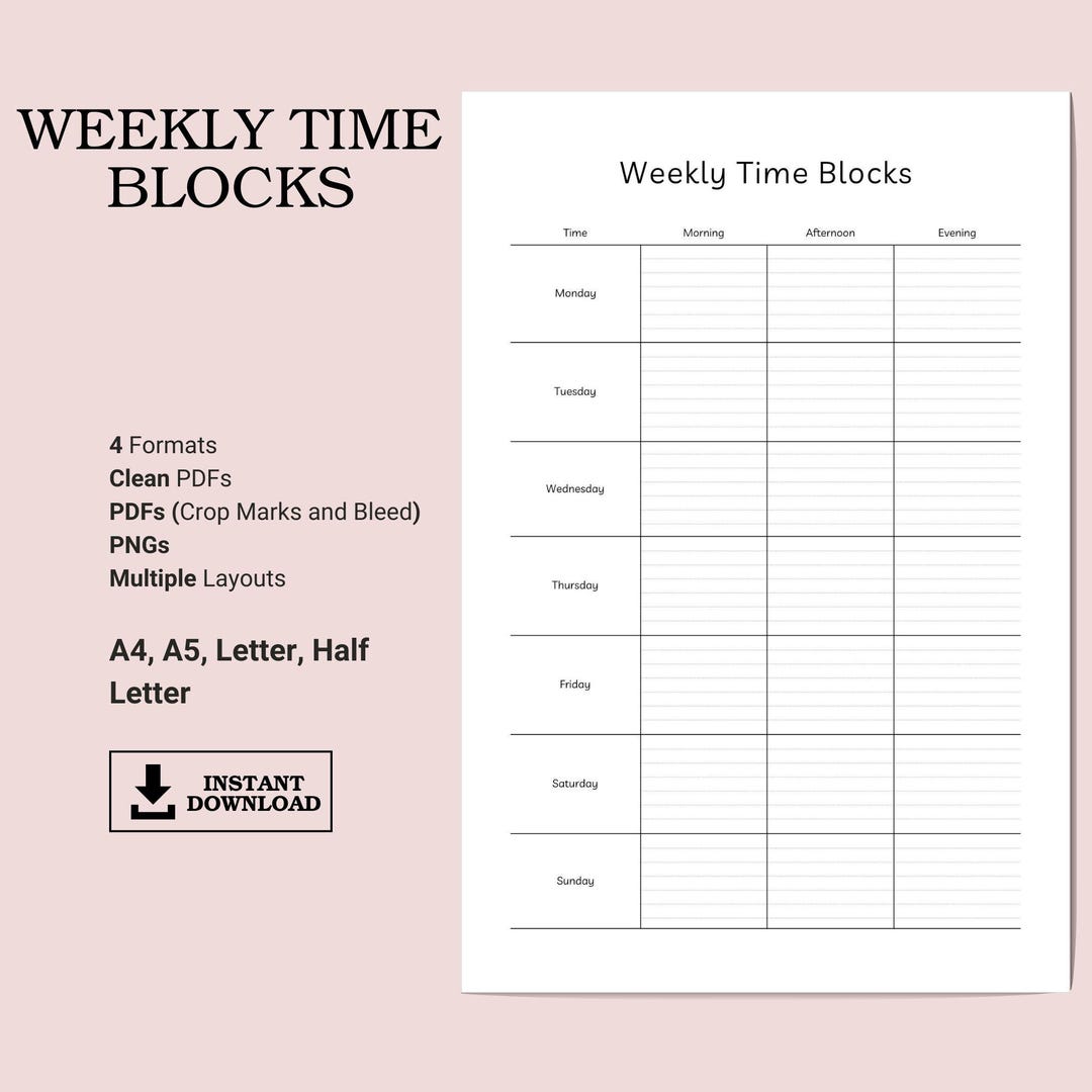 Printable Weekly Time Blocks Template | Weekly Schedule Planner | Time ...