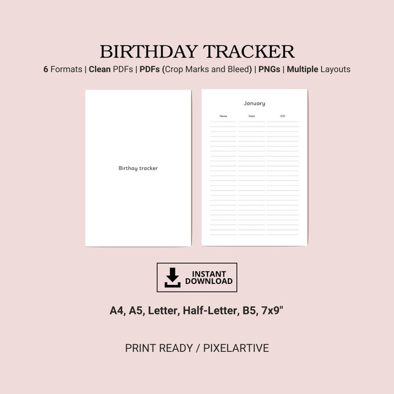 Birthday Tracker Printable | Journal Page for Birthday Calendar ...